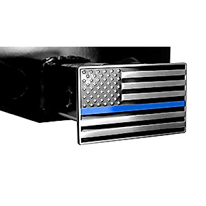 LFPartS USA Flag Metal Trailer Hitch Cover (Fits 2" Receivers, Black & Chrome with Thin Blue line)