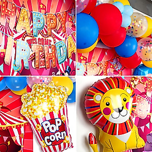 HJINGY Carnival Theme Party Decorations, Circus Theme Party Decorations with Carnival Balloons, Carnival Backdrop, Tablecloth, Happy Birthday Banners, Cake Toppers, Paper Plates and Napkins Set
