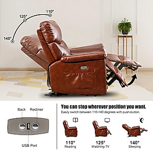 RIHEREFY Electric Recliner,PU Leather Recliner Chair with Extended Footrest,Recliner Chairs for Adults,Extra Wide Reclining Massage Chair with 2 Side Pockets & USB Ports