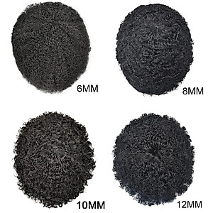 Hair Units for Black Men Afro Toupee for Black Men Kinky Curly Human Hair Piece Replacement African American Afro Wavy Men Toupee Hairpiece Thin Skin Men Hair System(8"X10", #1Jet Black-8mm Wave Curl)
