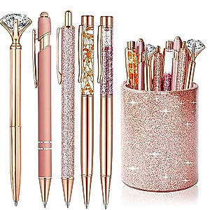8 Pcs Rose Gold Ballpoint Pen with Pen Holder, Office Supplies Set Glitter Pen Metal Ballpoint Pens Crystal Diamond Pen Black Ink Desk Organizer for Women Girls Rose Gold Desk Accessories Gifts