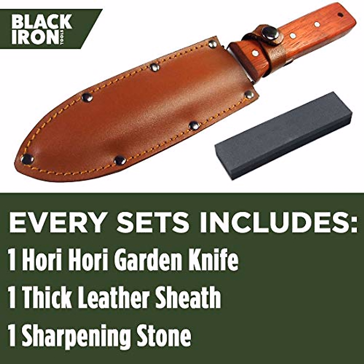 Black Iron Hori Hori Garden Knife [7 Inches, Japanese Stainless Steel] Durable Gardening Tool for Weeding, Digging, Cutting & Planting with Leather Sheath and Sharpening Stone