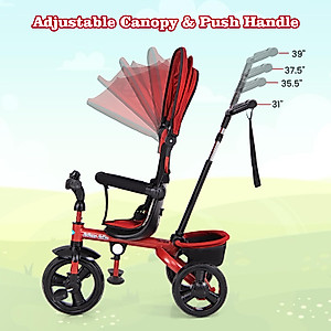 INFANS Kids Tricycle, 6 in 1 Stroll Trike with Adjustable Push Handle, Removable Canopy, Retractable Foot Plate, Lockable Pedal, Detachable Guardrail, Suitable for 10 Months to 5 Years (Red)