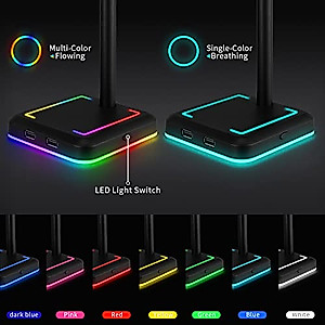 TEEDOR Headphone Stand, RGB Gaming Headset Holder with 2 USB Charger Ports & 10 Lighting Modes for Desktop PC Game Earphone Accessories