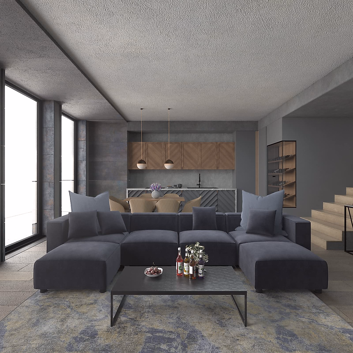 LLappuil Modern Modular Sectional Sofa Set, Low Back Minimalist Style Couch with Ottoman and Chaise Lounge, Soft Fabric 6 Seater 138.4" U Shaped Sofa for Living Room, Dark Grey