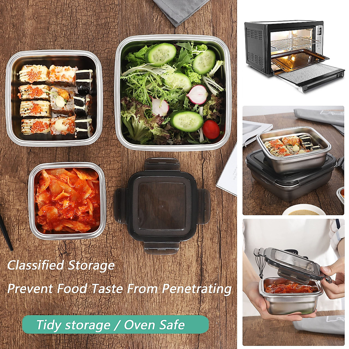 Stainless Steel Food Storage Container with Lids 3pcs set Leak-Proof Large Durable Bento salad container , Lunch Box, For Kimchi, Fruit and Salad -Home family, Picnic, Camping, Outdoor (Black Square)