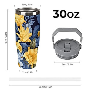 30oz Stainless Steel Insulated Tumbler with Flip Lid & Straw, Leakproof Travel Mug for Car, Blue Base Yellow Floral Double Wall Vacuum Thermal Coffee Cup with Handle, Spill-Proof Design for Hot/Cold D