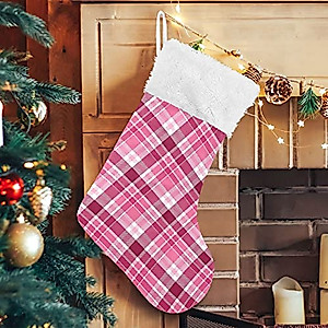 Kigai Christmas Stockings Pink Buffalo Plaid Large Candy Stockings Stuffers Kids Cute Xmas Sock Decorations 1PC for Home Holiday Party 12" x18"