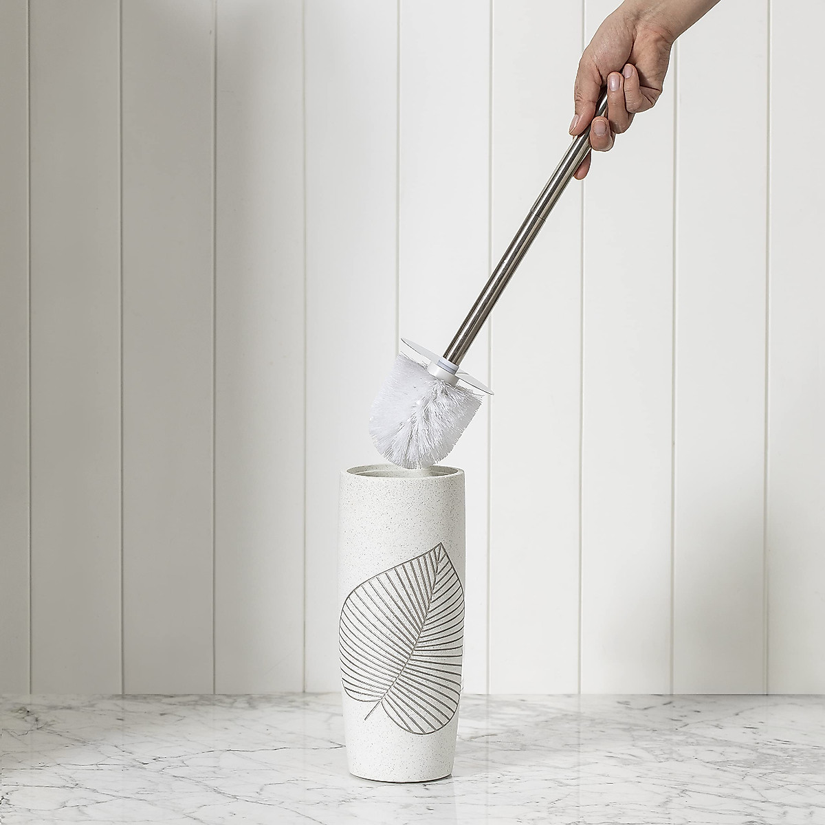 Set of 2 Elegant Leaf Design Hight Quality Polyresin Wastebasket Garbage Receptacle Bin and Brush/Holder for Bathrooms, Powder Rooms, Kitchens, Home Offices White