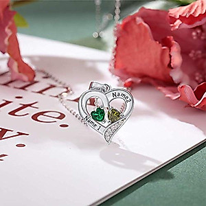 Zomodia Sterling Silver Personalized 2 Names Necklace with 2 Heart Simulated Birthstone Couple Pendant Necklace for Women (Silver)