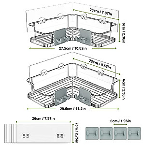 Thideewiz 2 Pack Corner Shower Caddy, Stainless Steel Wall Mounted Bathtub Shelves with 4 Plastic Hooks and 6 Adhesives, No-drilling Adhesive Bathroom Organizer Only for 90 Degrees Right Angle