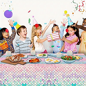 JQSSHXB Mermaid Birthday Tablecloth 3 Pack Mermaid Table Cloths Disposable Plastic Mermaid Birthday Decorations for Party Kids Girls Baby Shower Themed Mermaid Birthday Party Favors (Fish Scale)