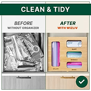 WIZLIV Ziplock Bag Organizer – Large Bamboo Drawer Organizer for Gallon, Quart, Sandwich and Snack Bags – Food Storage Bag Dispenser – Plastic Bag Holder for Kitchen Drawer Organization