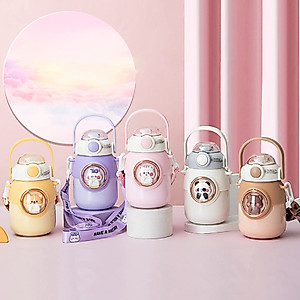 Cute Thermos Cup 700ml for Baby,Kid and Lady,Insulated Water Bottle with Straw Hanging Rope,Stainless Steel Coffee Vacuum Thermos Bottle Keep Drinks Hot or Cold for Travel,School,Offic White 700ML