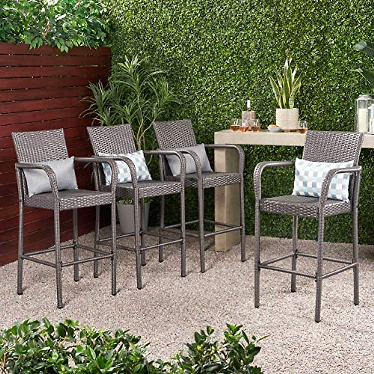 Christopher Knight Home Delfina Outdoor Wicker Barstools, 4-Pcs Set, Grey
