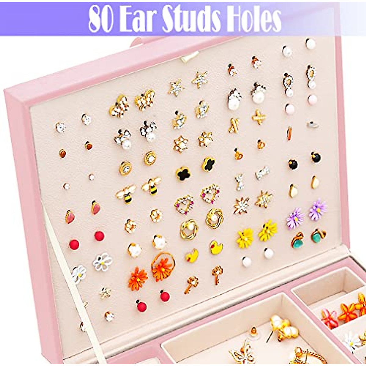 Girls Jewelry Box for Earring Jewelry Organizer Box Womens Earring Box for Girls Earring Holder Organizer Stud Earring Jewelry Box for Necklace Ring Earring Organizer for Girls Earring Storage Pink