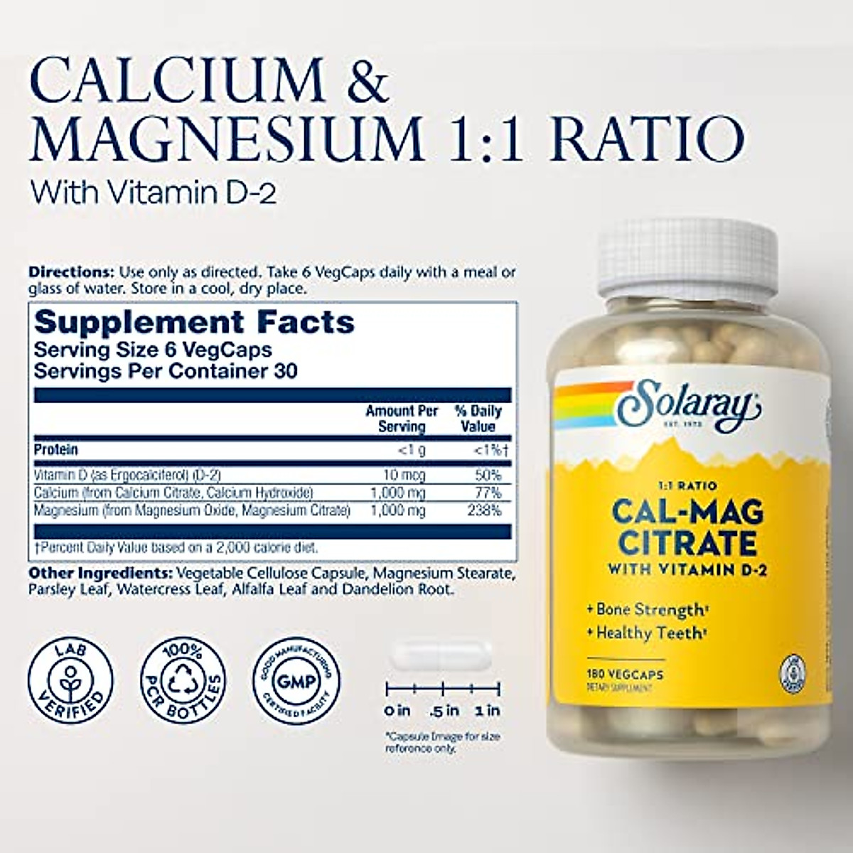 Solaray Cal-Mag Citrate 1:1 Ratio with Vitamin D-2, Calcium Citrate and Magnesium Citrate, Healthy Teeth, Muscle, and Bone Strength Supplements, Lab Verified, 60-Day Money-Back Guarantee, 30 Servings, 180 VegCaps