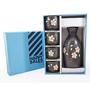 Happy Sales HSSS-WPB20, Black Porcelain Sake set Pink Blossom Design