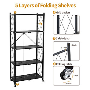 ExGizmo Storage Shelves,5-Shelf Foldable Metal Garage Shelveing with 4 Wheels,Large Capacity Shelving Unit,No Assembly Organizer Rack,Movable Storage Rack for Room,Kitchen,Grocery Room (Black)