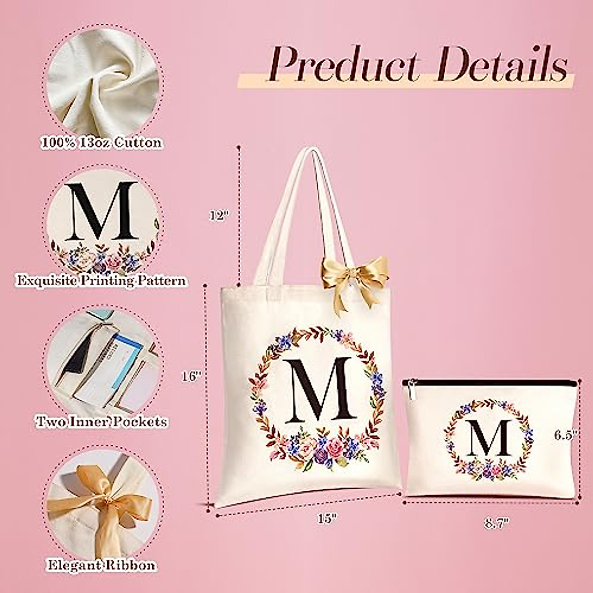 AUNOOL Monogrammed Tote Bag with Makeup Bag, 13oz Canvas Tote Bag for Women Floral Initial Tote Bag Bridal Shower Gifts for Bride To Be Personalized Gifts for Teachers Friends Sister, Letter E