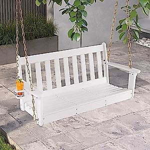 Tangkula 2 Person Hanging Porch Swing, Outdoor Bench Swing with Adjustable Chains, Hidden Cup Holders, HDPE Tree Swing Chair for Patio Backyard Deck Garden, 54 Inch (White)