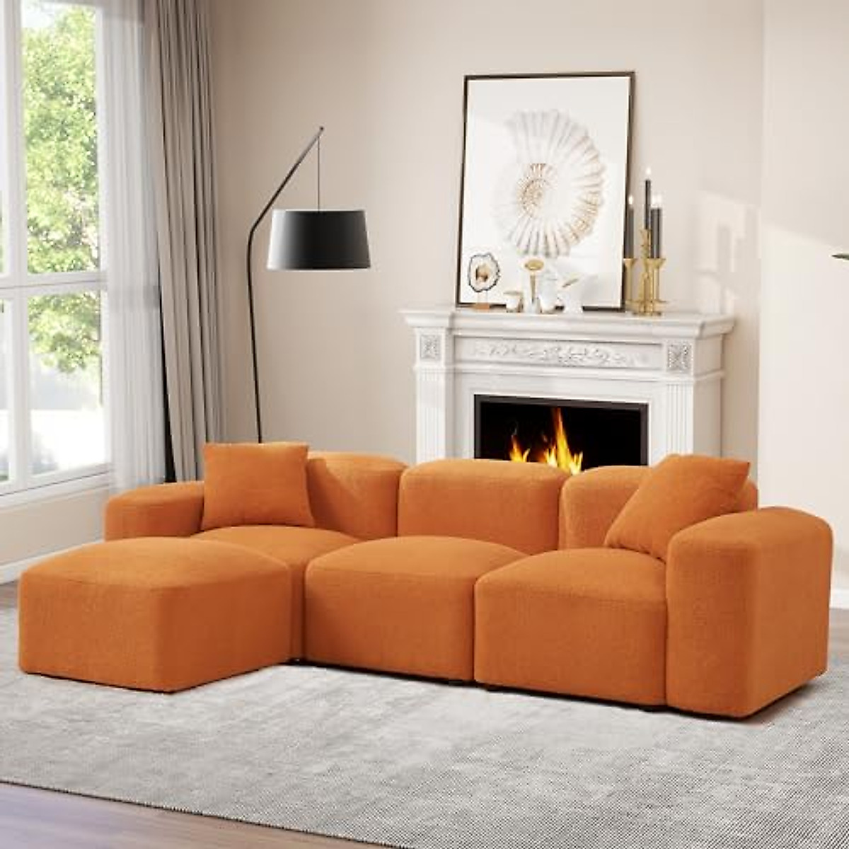 Wonder Comfort 94" Teddy Fabric L-Shaped Sectional Sofa with Reversible Ottoman, Sherpa Futon Couch with 2 Pillows for Living Room Apartment, Orange