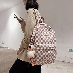 MININAI Y2K Aesthetic Checkered Backpack with Kawaii Pendant Checkerboard Backpack Cute Preppy Laptop Backpack Light Rucksack (One Size,Pink)