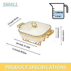 Rectangular Porcelain Casserole Warming Trays for Food, Ceramics Chafers, and Buffet Warmers Sets, Gold Plating Serving Dishes (Small 1.6 quarts)