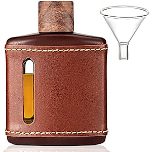 Handmade Genuine Leather Hip Flasks for Liquor for Men, Glass Whiskey Flask with Funnel & Wood Lids Leakproof for Hennessy Liquor & Spirits, Premium Flask Set Gifts Idea for Men Women (Brown, 100ml)
