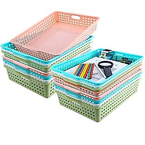 16 Pcs Classroom Storage Baskets Classroom Organization Plastic Basket with Handle Colored Paper Organizer Baskets Mesh Classroom Storage Bins Paper Trays Office Organizer, 14.2 x 10.6 x 3.15 Inch