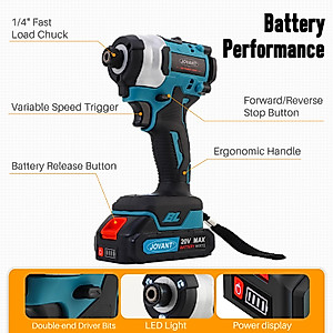 Cordless Impact Driver with 2x2.0Ah Battery and Charger, 100Ft-lbs(135N.m) Drill/Driver Set, 3200RPM Brushless 1/4 inch Hex Impact Screwdriver with Bit Accessories, 4+3 Speed, Led Light-JOVANT
