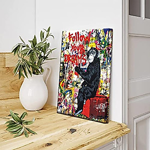 Banksy Street Graffiti Monkey Inspirational quotes Animal Canvas Art for Office Living Room Office Wall Decor Home Decoration Framed Ready to Hang,bedroom decor for men Cave (Graffiti monkey, 24inchx16inch)