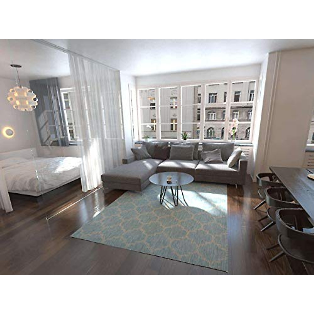 Unique Loom Outdoor Trellis Collection Area Rug (7' 1" x 10' Rectangle, Aquamarine/ Gray)