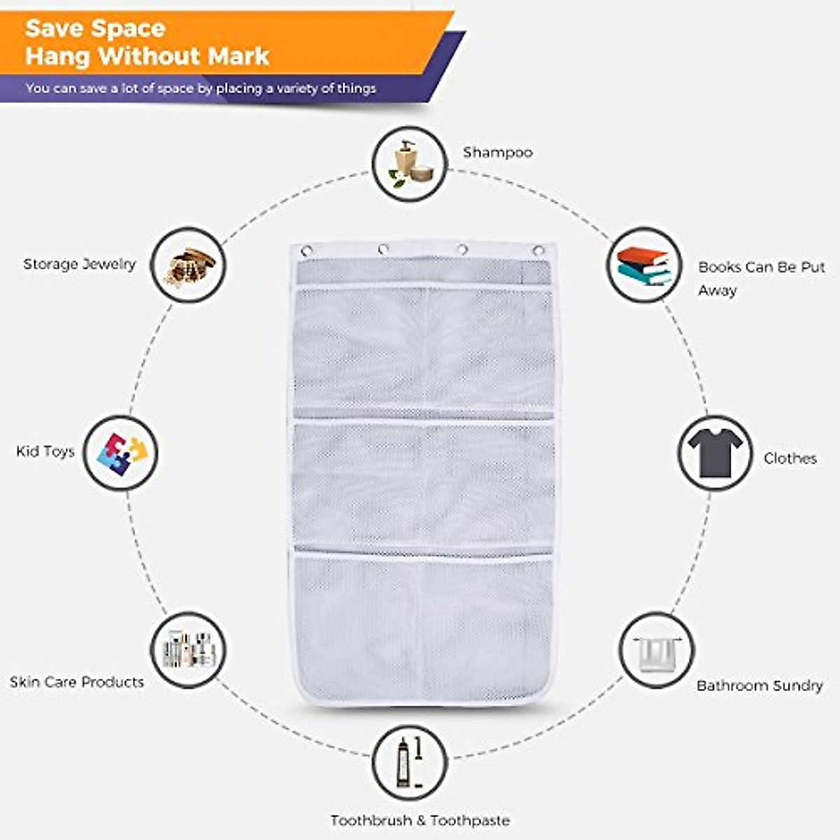 Yihoon Mesh Shower Caddy Curtains Organizer - Hanging Bathroom Shower Curtain Rod/Liner Hooks Accessories with 6 Pockets Save Space in Small Bathroom Tub 4 Rings