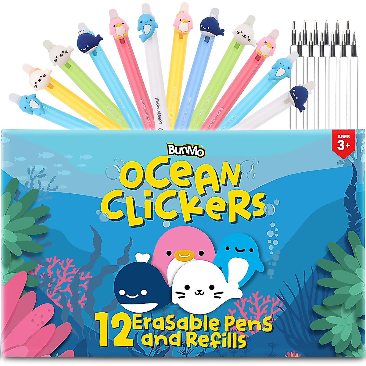 BunMo Erasable Cute Pens - Cute Kawaii Accessories - 12 Ink Pens Include 12 Extra Kawaii Pen Ink Refills. Great Easter Basket Stuffers or Easter Basket Stuffers For Girls