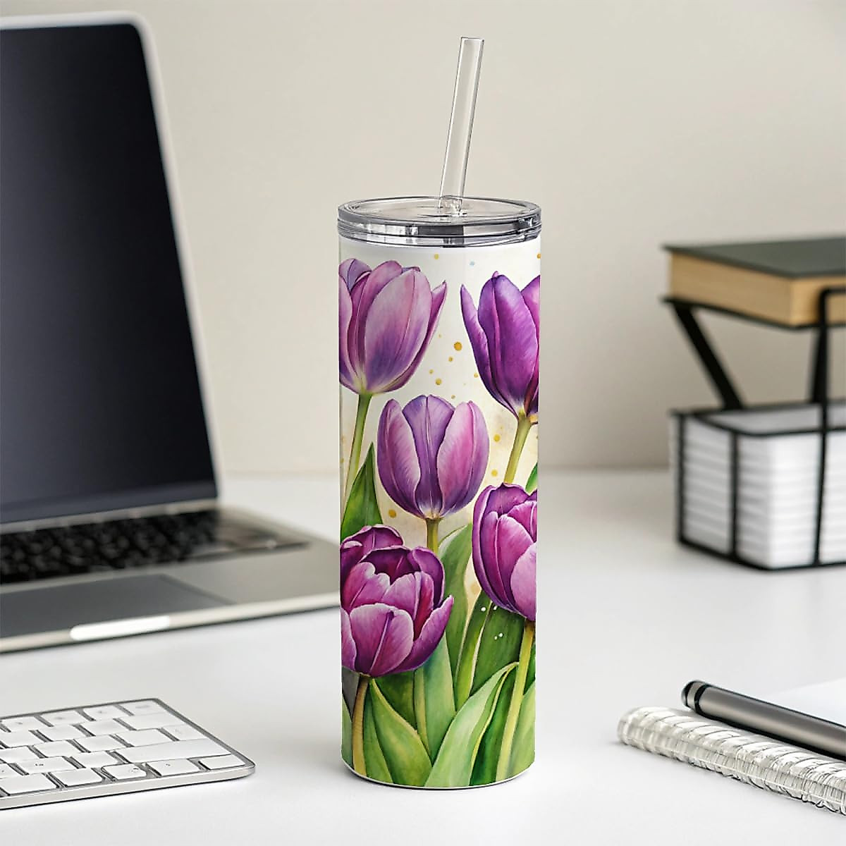 Purple Tulips Flowers Watercolor Skinny Tumbler 20oz with Straw Insulated Water Bottle Gift