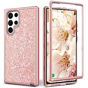 Coolwee Pink Full Protective Case for Galaxy S22 Ultra 5G Heavy Duty Hybrid 3 in 1 Rugged Shockproof Women Girls Transparent for Samsung Galaxy S22 Ultra 6.8 inch Rose Gold