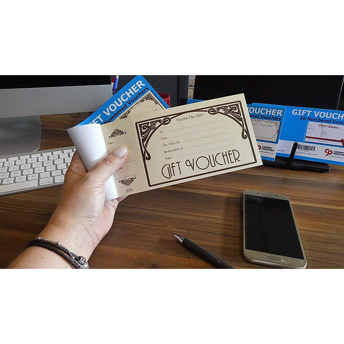 Cherry Art Deco Gift Certificate Cards/Voucher/Gift Coupon Book with Stub 50pages Cardstock 3.9 x 8.3 Inches