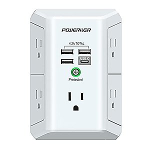 Multi Plug Outlet Extender with USB - POWERIVER Surge Protector with 5 Outlet Splitter and 4 USB Ports, 1680J Wall Outlet Adapter Spaced for Home School Office, ETL Listed, White