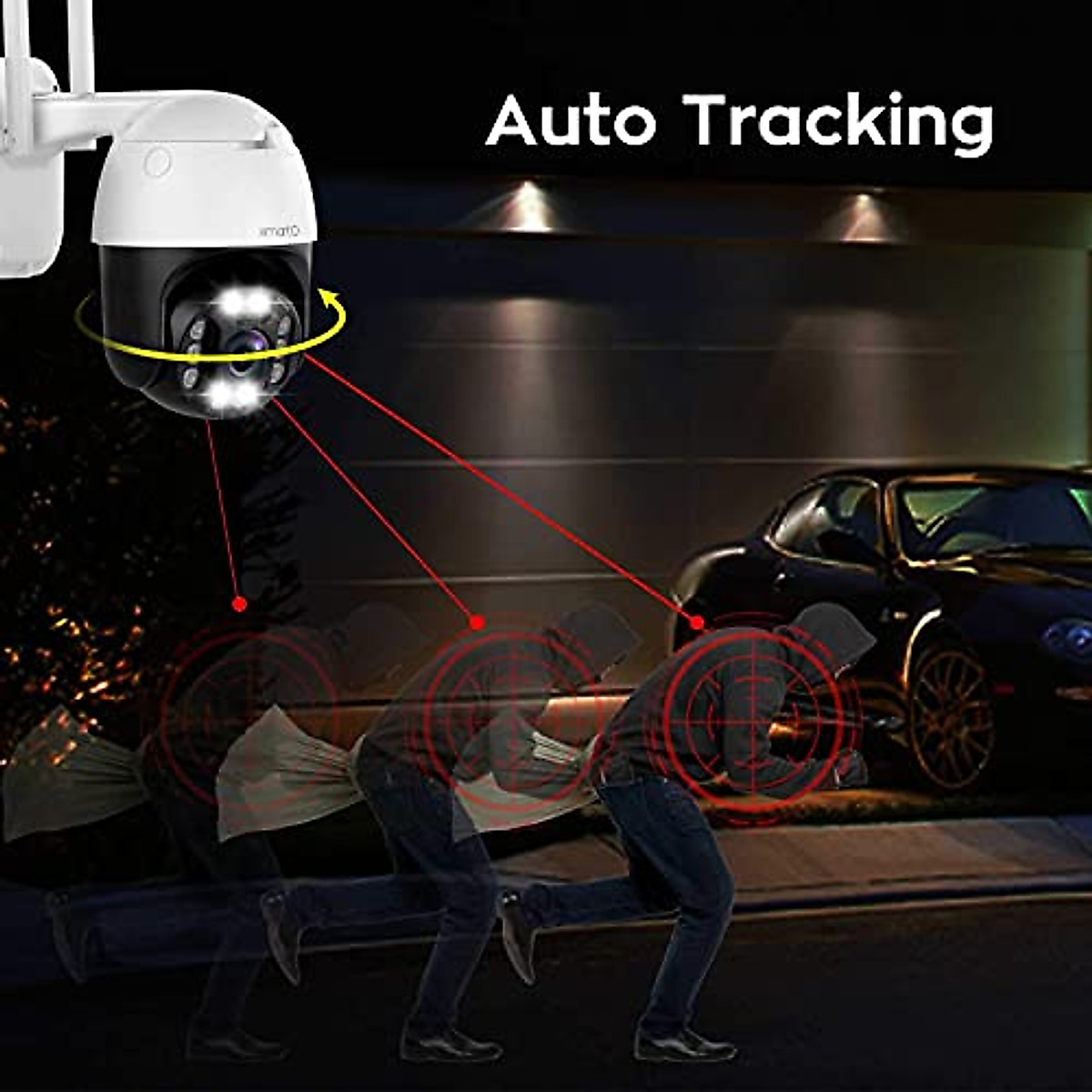 xmartO 2K Auto-Track Rotation Wireless Security Camera WiFi AC Powered, 2-Way Audio, Auto Flood Lights Color Night Vision, Auto Siren, IP66, SD Card, NVR and Cloud Storage (DT3034, Works with Alexa)