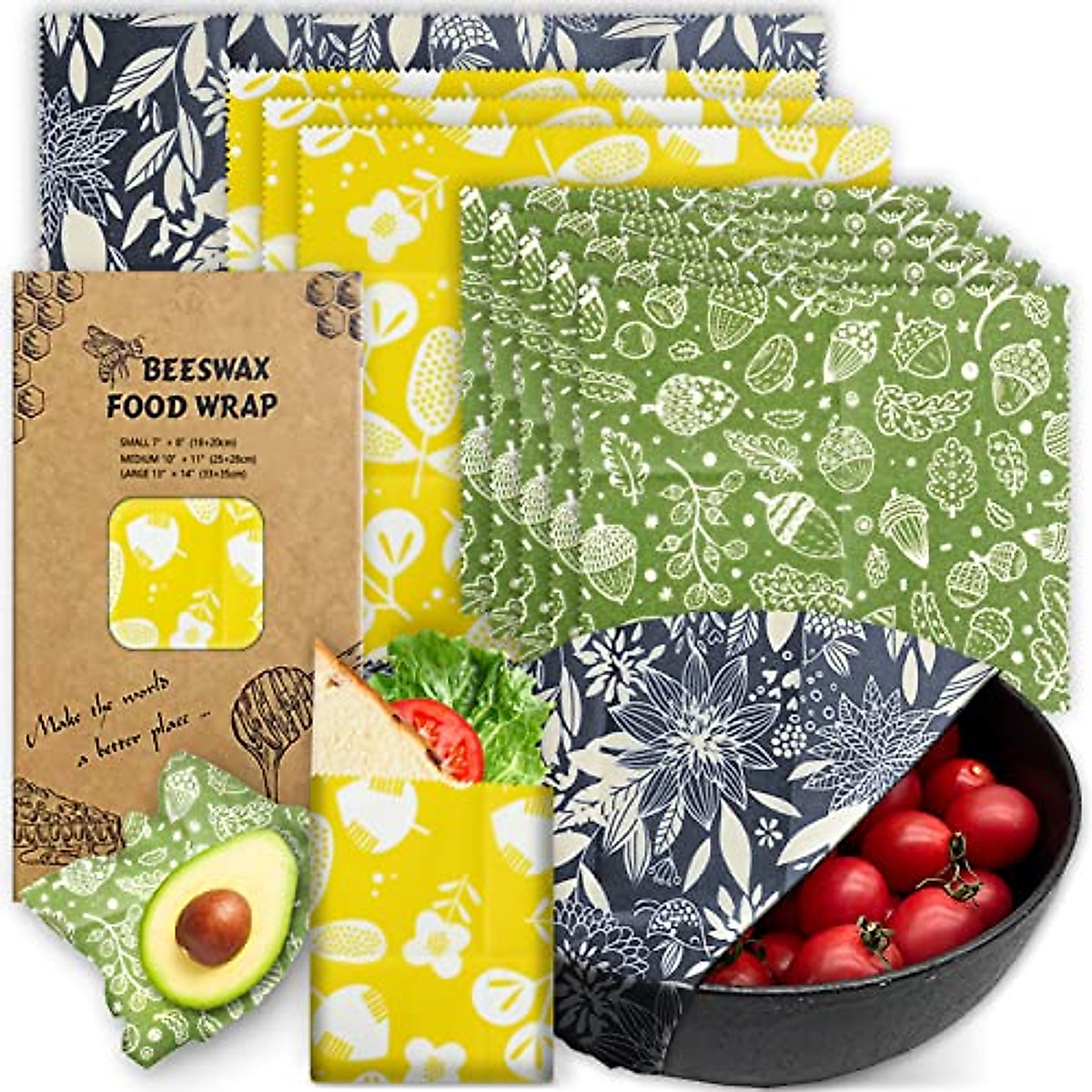 Beeswax Wrap, Beeswax Wraps For Food, Organic, Sustainable, Beeswax Food Wrap for Sandwich Storage, Reusable Beeswax Food Wrap 1L, 5M, 3S Flower Patterns Beeswax Paper, 9 Pack Set