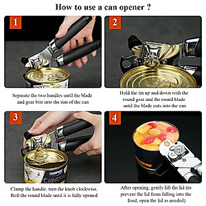 Can Opener Manual, 3-IN-1 Multifunctional Bottle opener, Heavy Duty Stainless Steel Can Opener with Ultra Sharp Blade, Can Opener with Big Easy Turn Knob, Firm-Grip Comfortable Handles, Black