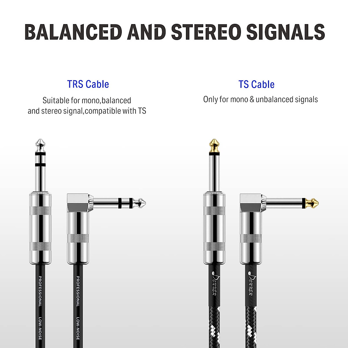 Donner 15 ft TRS Cable, Balanced Stereo Audio Patch Cable - Sturdy No Hum 1/4” Male Right Angle to 1/4” TRS Male Straight Cord, Black