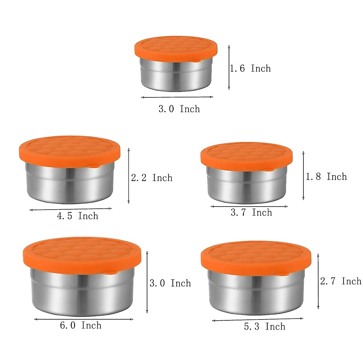 Stainless Steel Containers w/Lids, Set of 5 (3oz, 6oz, 12oz, 20oz, 30oz), Leak-proof Food Storage, Nesting Snack Organizer, Reusable Airtight Lunch Bento Box