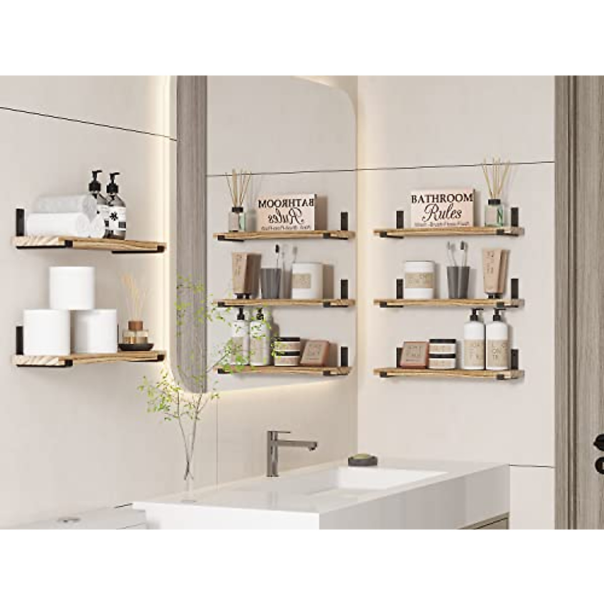 Fixwal Floating Shelves Set of 5, Width 4.7 Inches Wall Shelves, Rustic Wood Wall Storage Shelves for Bedroom, Living Room, Kitchen, Bathroom, Home Decor, Office and Plants (Carbonized Black)