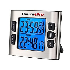 ThermoPro TM02 Digital Kitchen Timer with Dual Countdown Stop Watches Timer/Magnetic Timer Clock with Adjustable Loud Alarm and Backlight LCD Big Digits/ 24 Hour Digital Timer for Kids Teachers