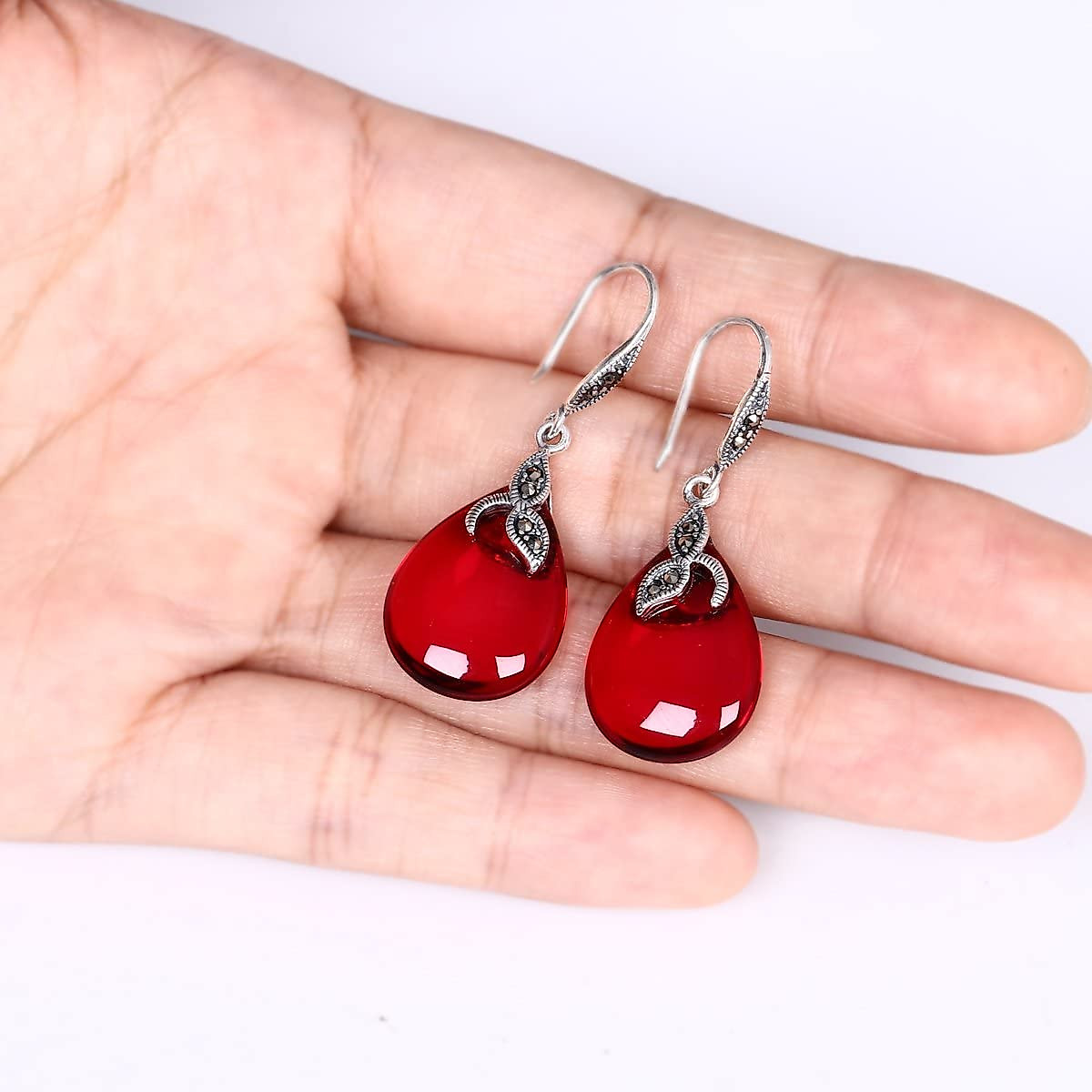 EVER FAITH 925 Sterling Silver Red Created Chalcedony Crystal Retro Black Leaf Teardrop Hook Earrings Birthday/Mothers Day/Valentines Day/Christmas Jewelry Gift for Women