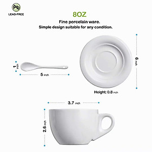 XUFENG 8oz Cappuccino Cups Set of 4 with Saucer White Porcelain for Latte, Mocha,Tea Espresso Cafe with Porcelain Spoon