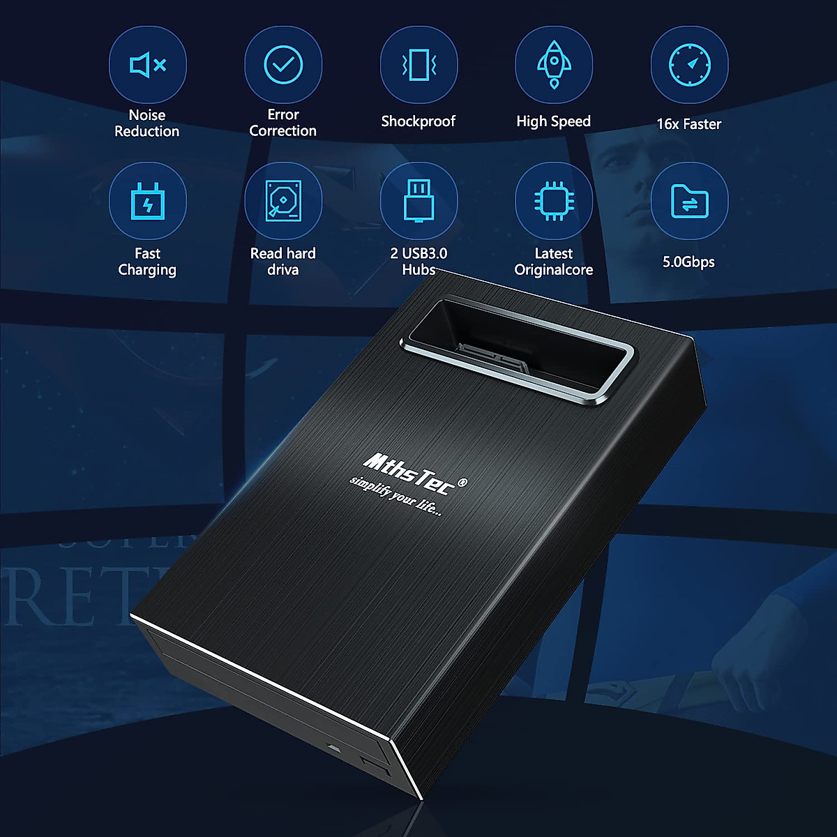 MthsTec 4 in 1 External Bluray Drive, 16X USB 3.0 and Type-C Powerful Desktop External Bluray Drive Burner DVD Burner Optical Drive Charger HDD Enclosure USB HUB for Mac/PC
