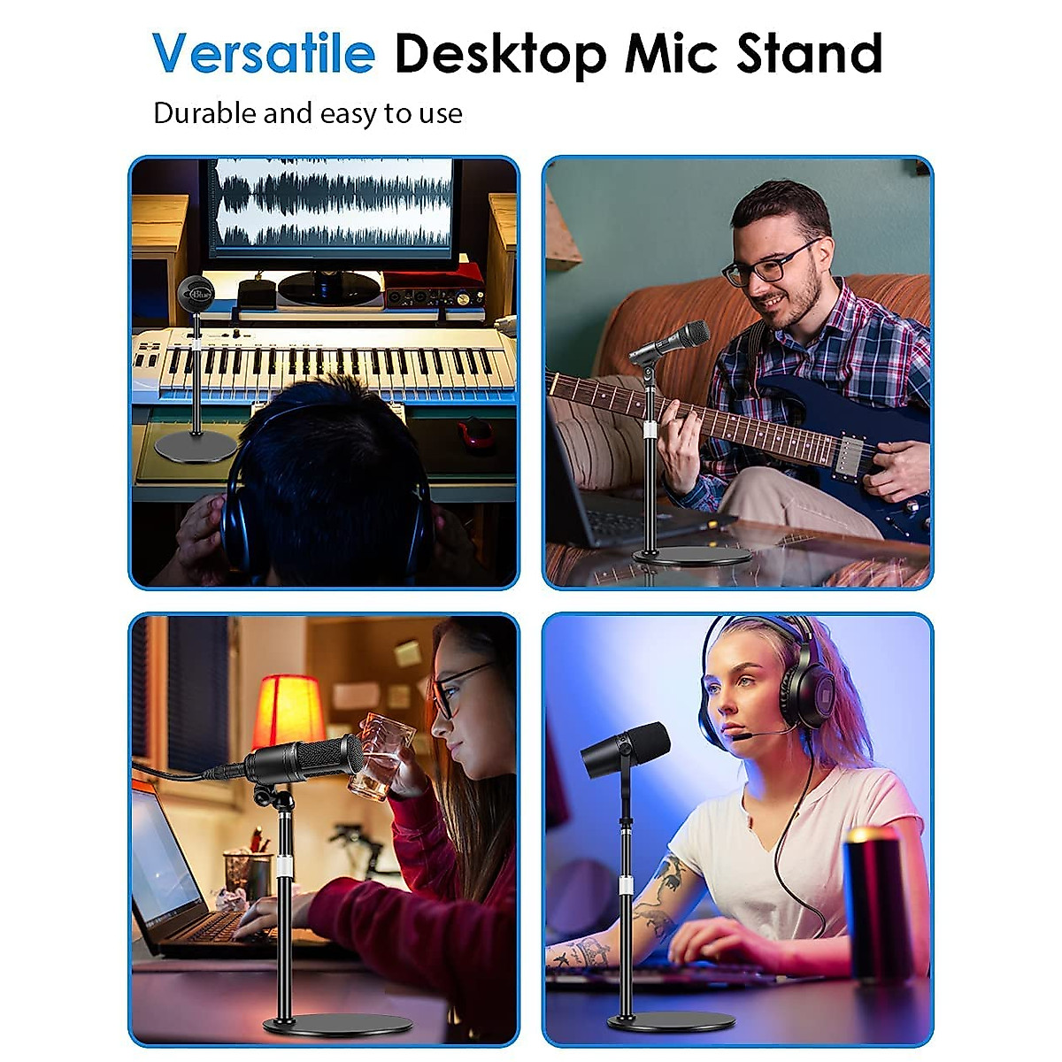 Etour Desk Microphone Stand, Upgraded Adjustable desktop Mic Stand with Mic Clip,5/8" Male Screw for Blue Yeti SM58 SM48 PGA48 AT2020, ATR2100x-USB Samson Q2U Other Microphone